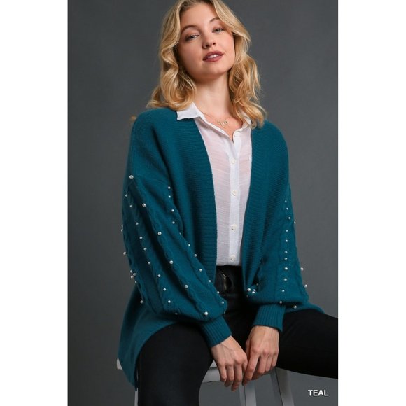 Umgee | Sweaters | Umgee Teal Open Front Long Sleeve Pearl Cardigan ...